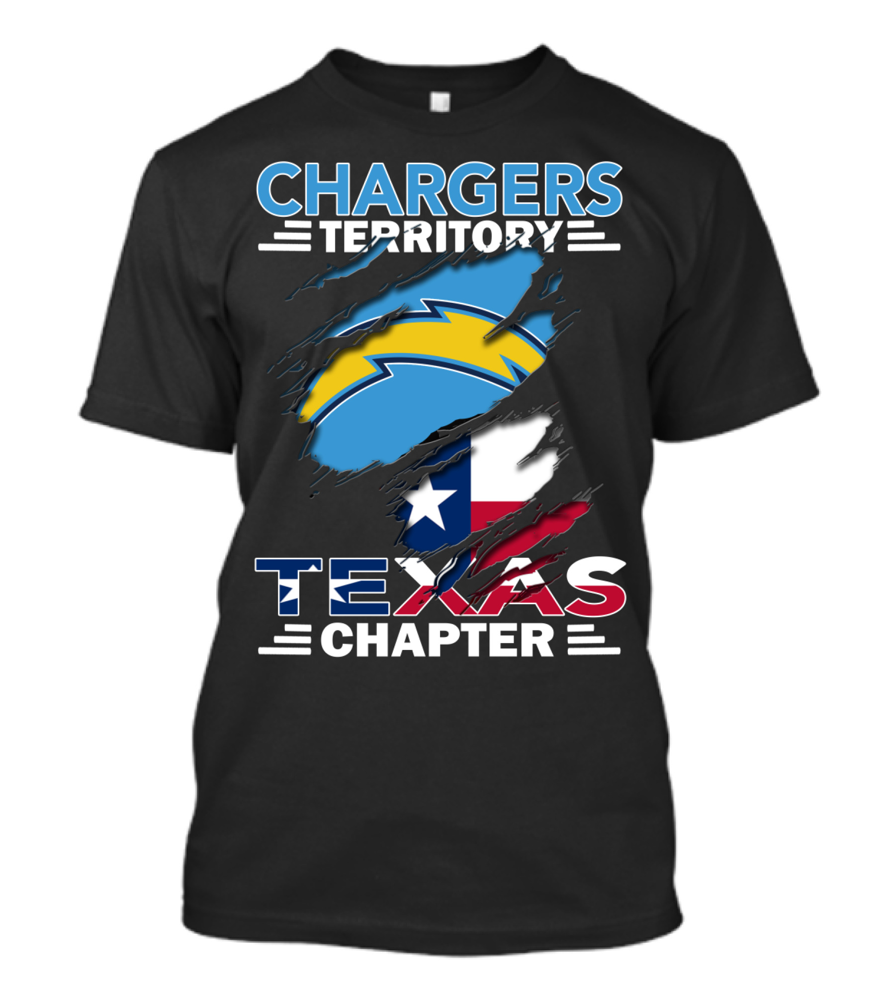 Chargers Territory Texas Chapter Logo With Texas Flag And Lightning Bolt T-Shirt