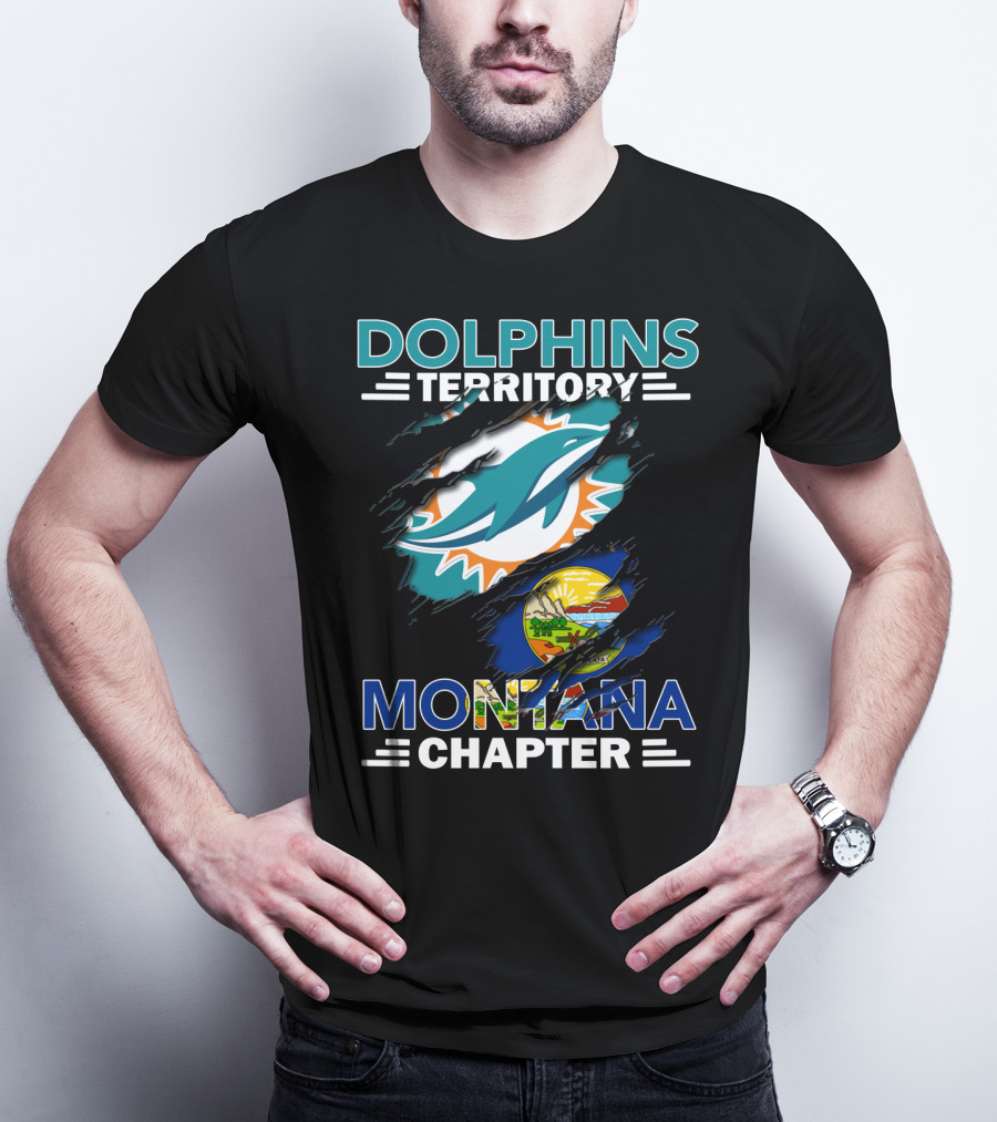 Dolphins Territory Montana Chapter Miami Dolphins Logo With Montana State Flag T-Shirt