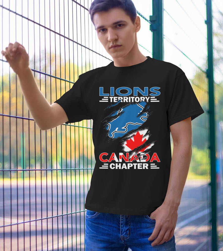 Lions Territory Canada Chapter Blue Lion Silhouette Red Maple Leaf T-Shirt