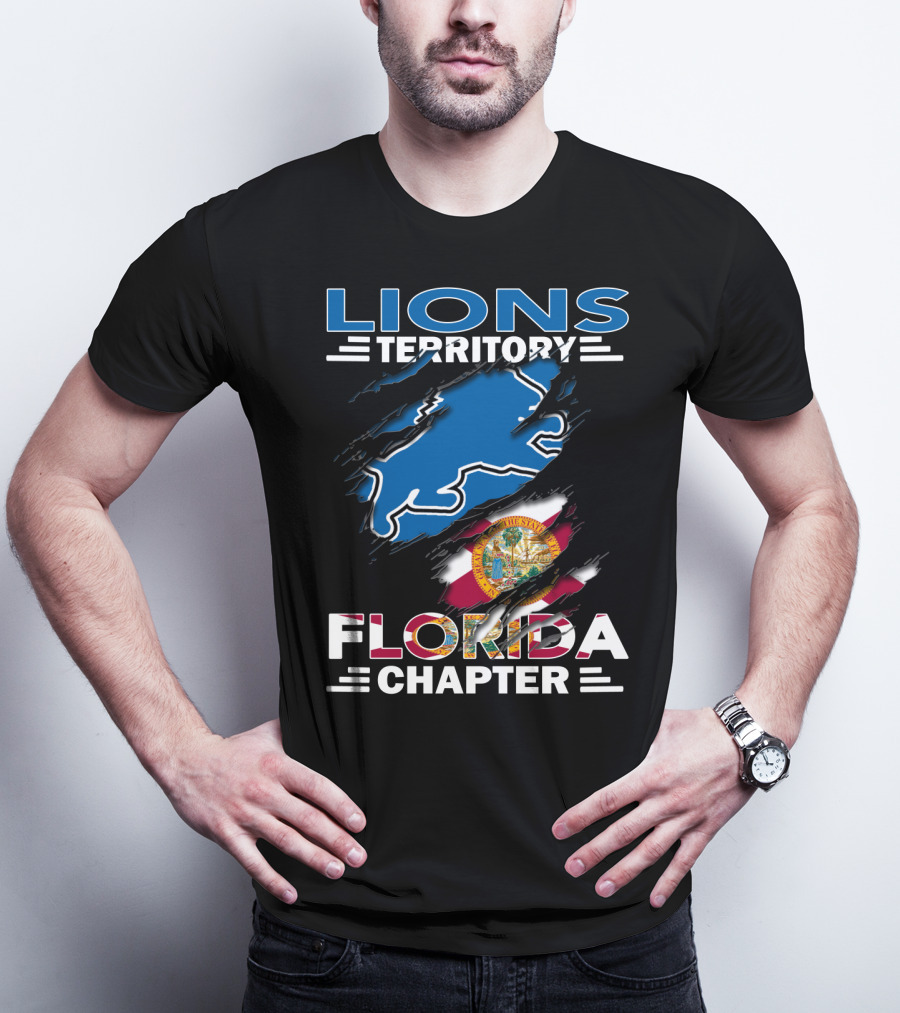 Lions Territory Florida Chapter Blue Lion Outline With Florida State Flag Tear T-Shirt