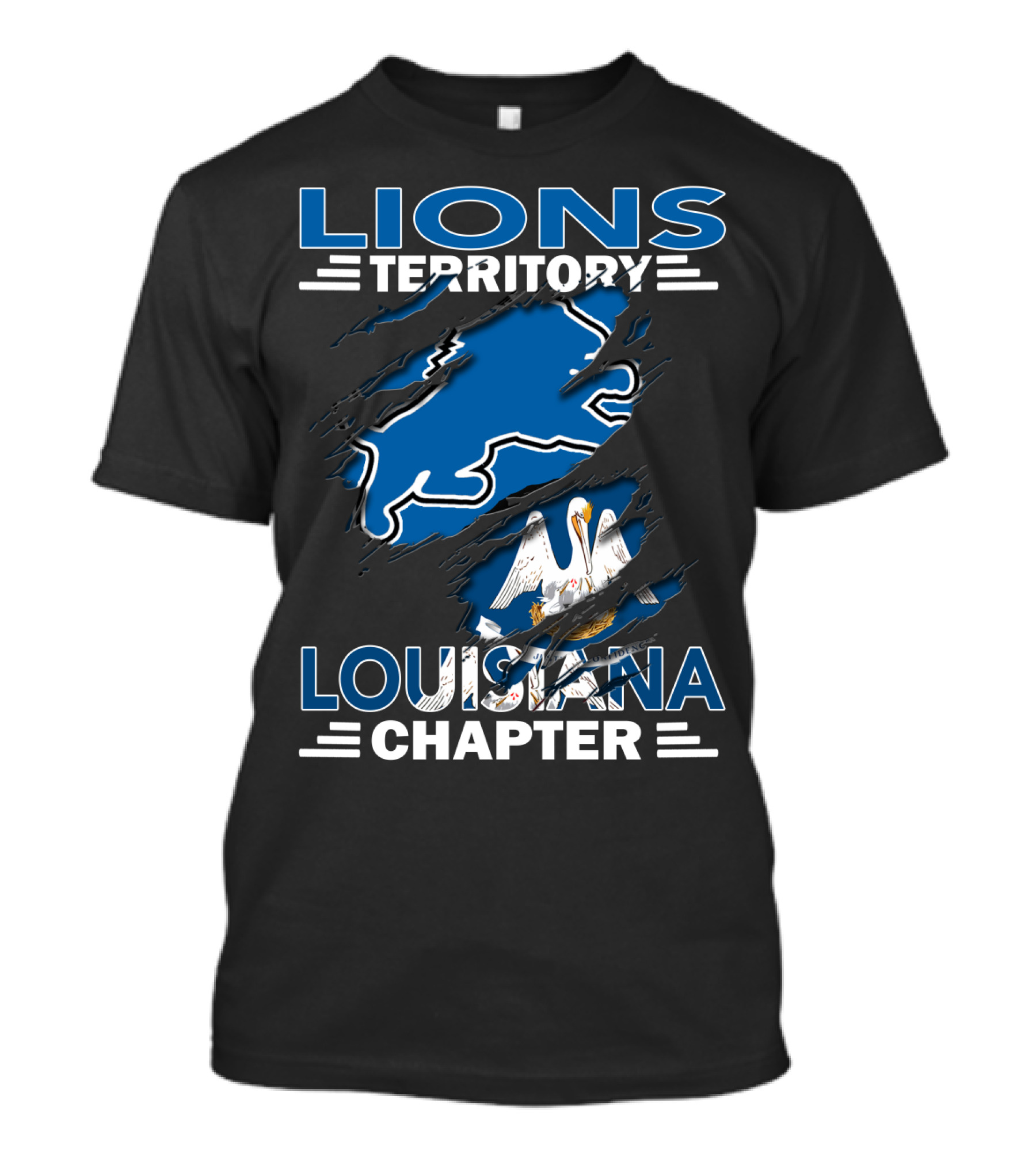 Lions Territory Louisiana Chapter Blue Scratch Outline Pelican T-Shirt