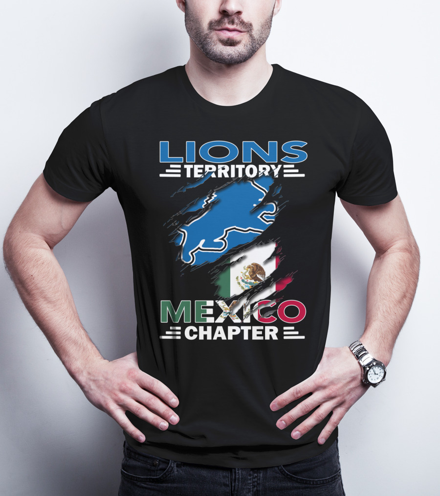 Lions Territory Mexico Chapter Blue Lion Silhouette And Mexican Flag T-Shirt
