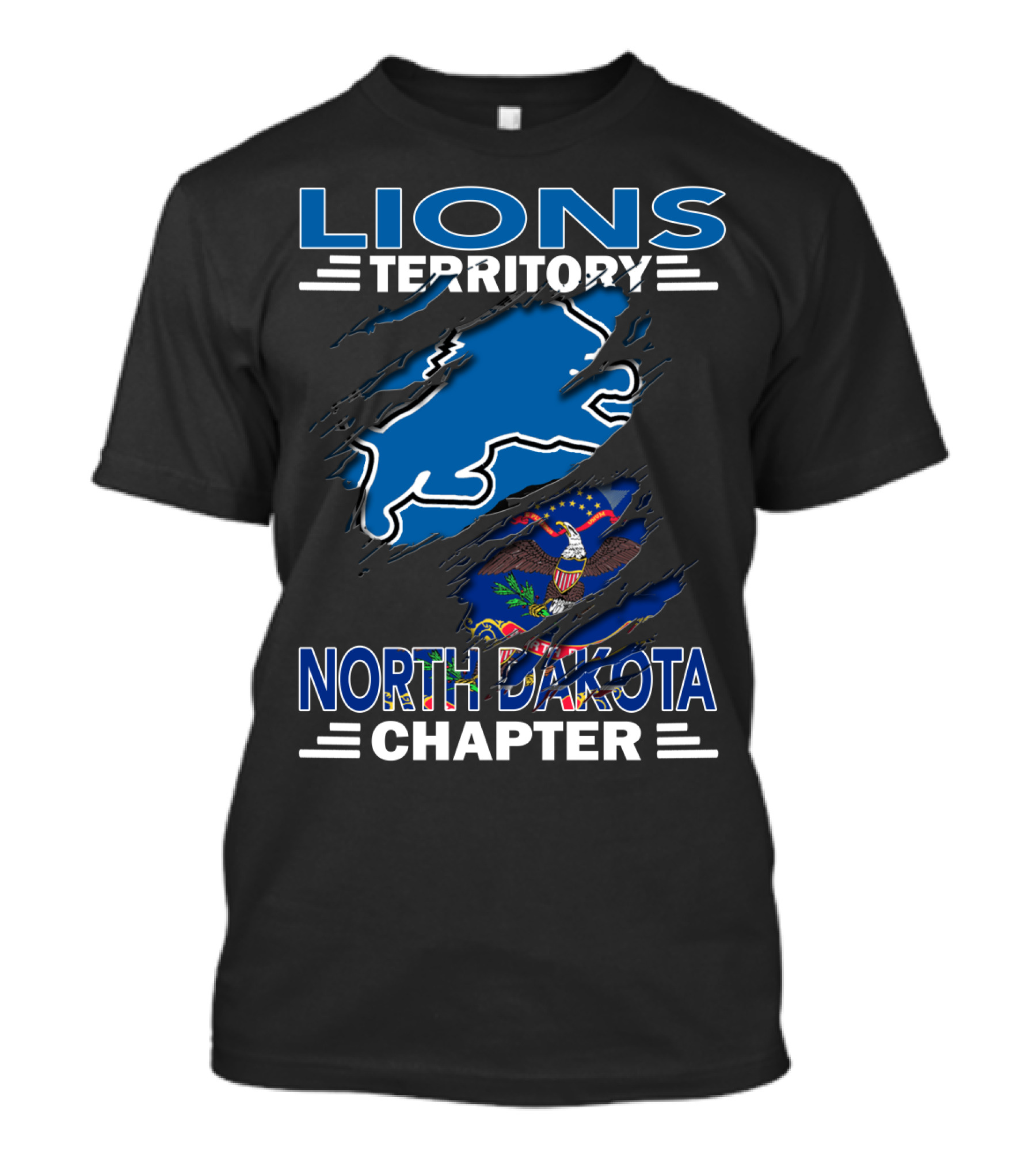 Lions Territory North Dakota Chapter Blue State Outline Flag Elements T-Shirt