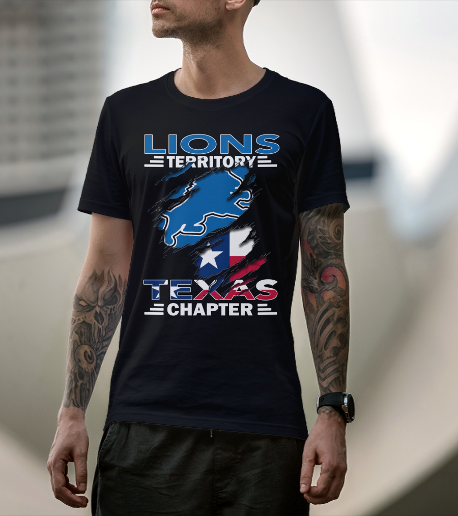 Lions Territory Texas Chapter Blue Lion Outline Texas Flag T-Shirt