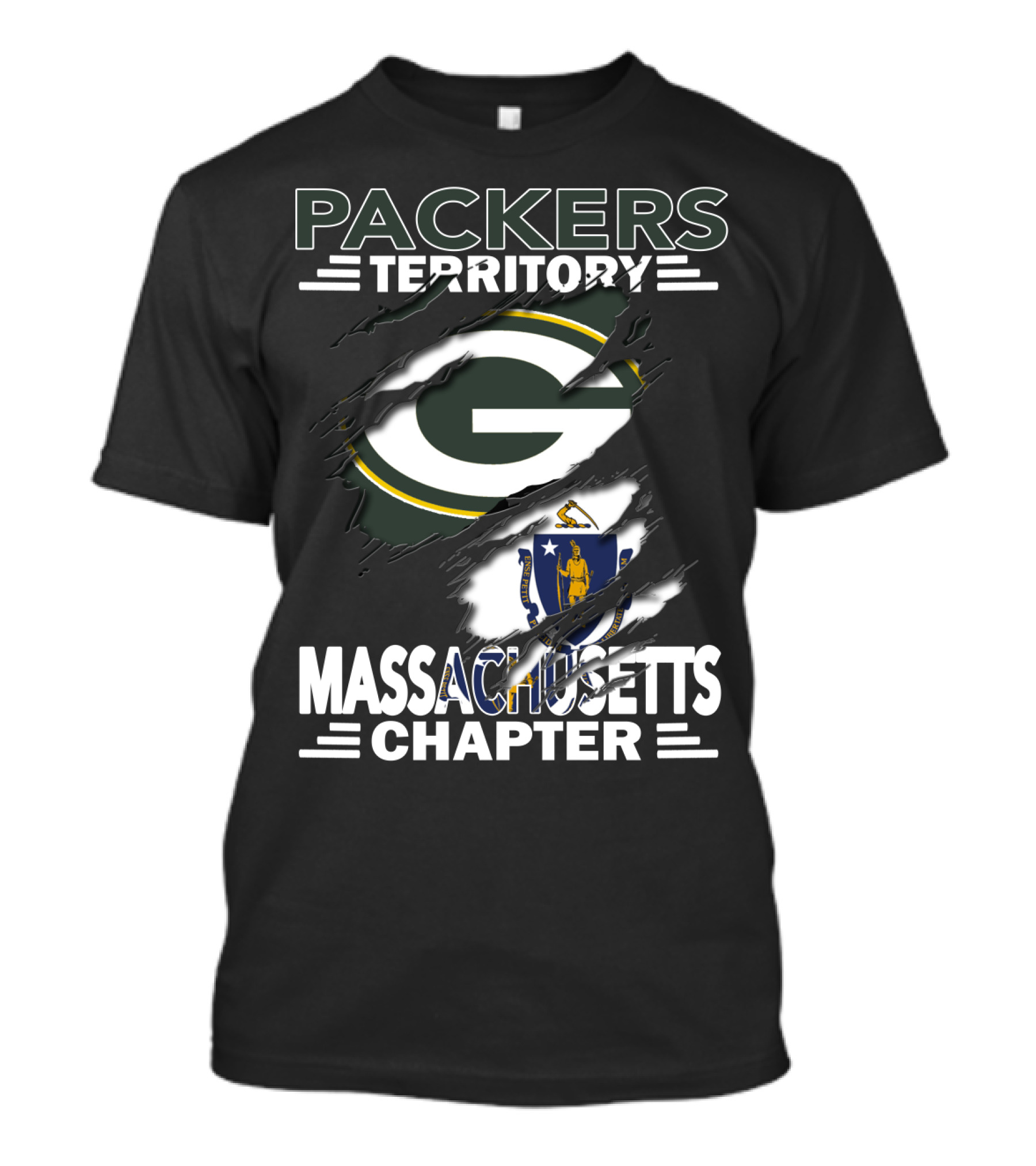 Packers Territory Massachusetts Chapter Green Bay Logo And Massachusetts Flag T-Shirt