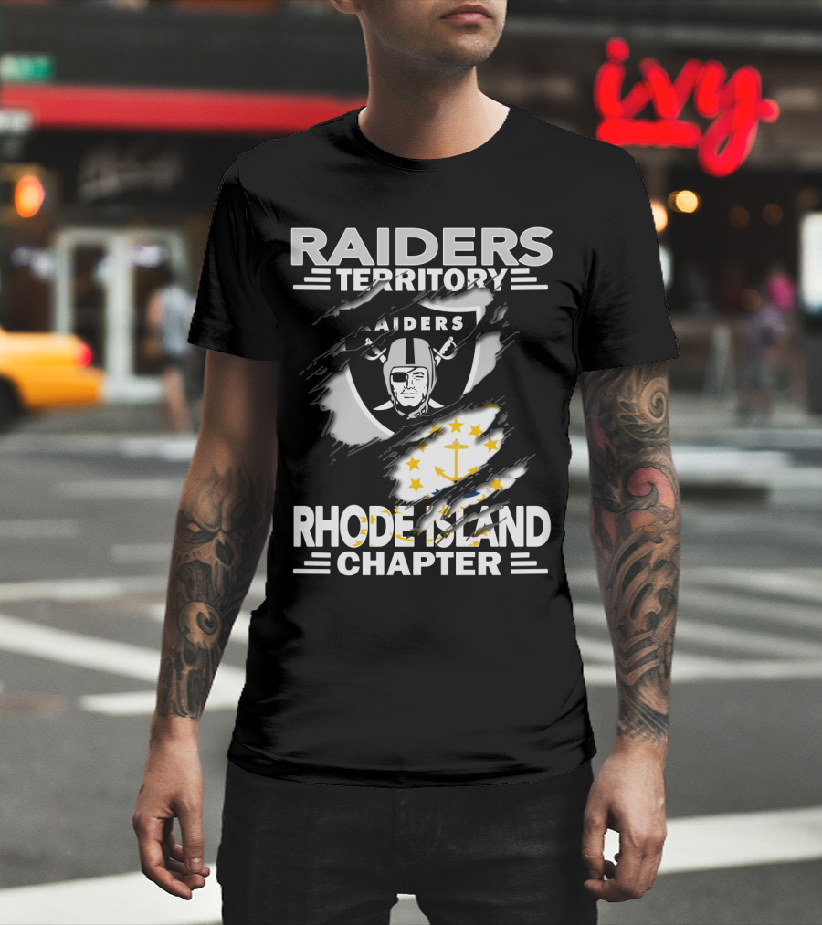Raiders Territory Rhode Island Chapter Emblem And State Flag Integration T-Shirt