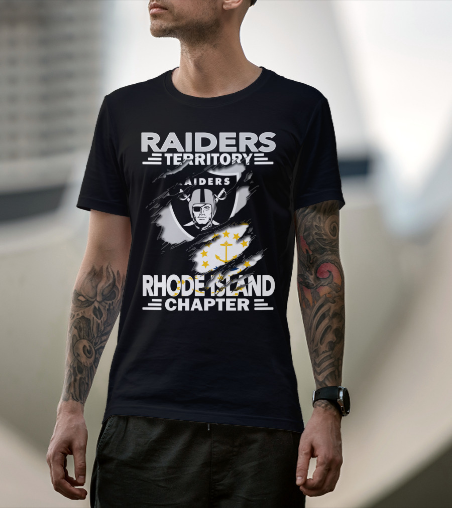 Raiders Territory Rhode Island Chapter Emblem And State Flag Integration T-Shirt