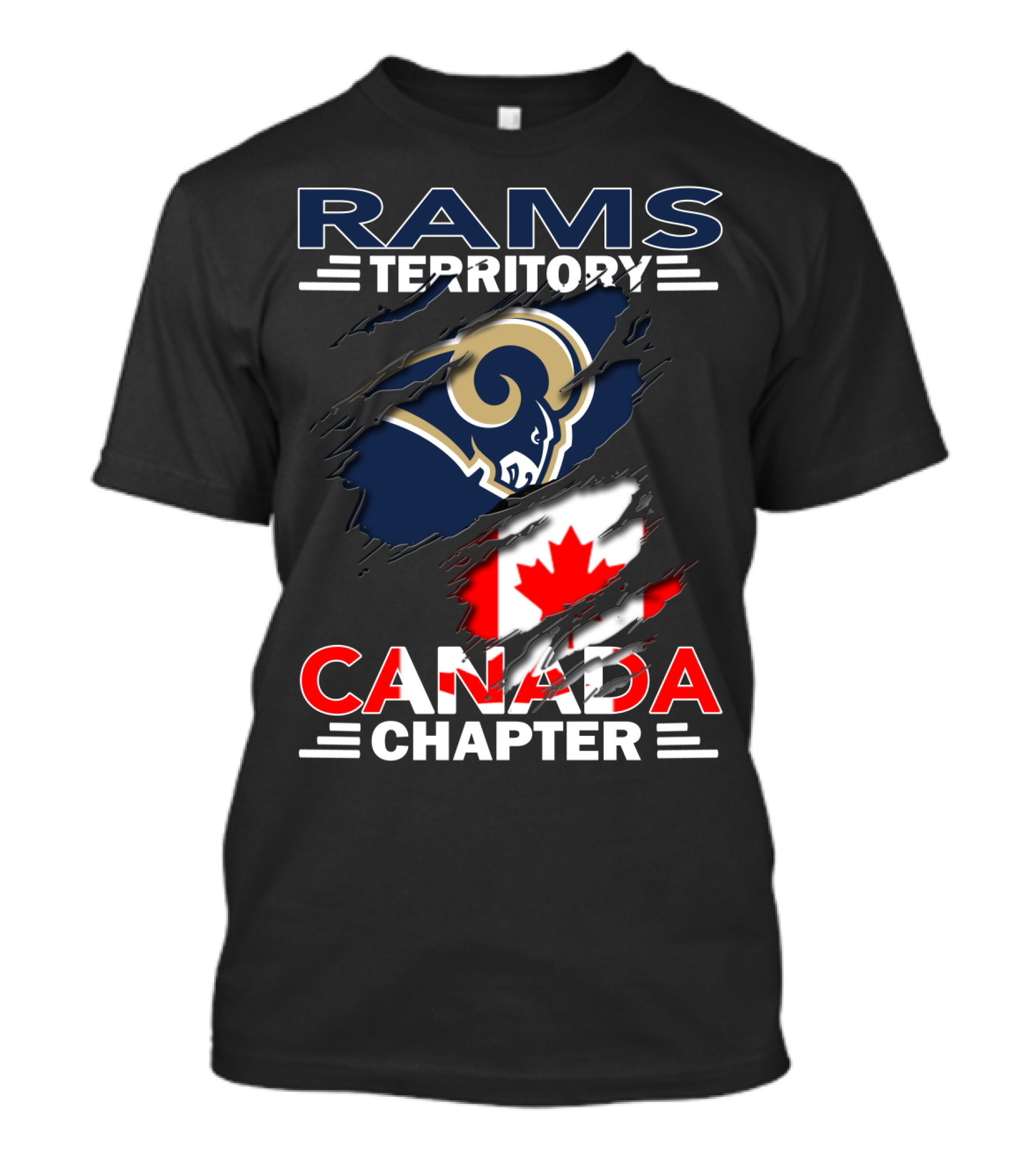 Rams Territory Canada Chapter Logo With Rams And Canadian Flag Elements T-Shirt