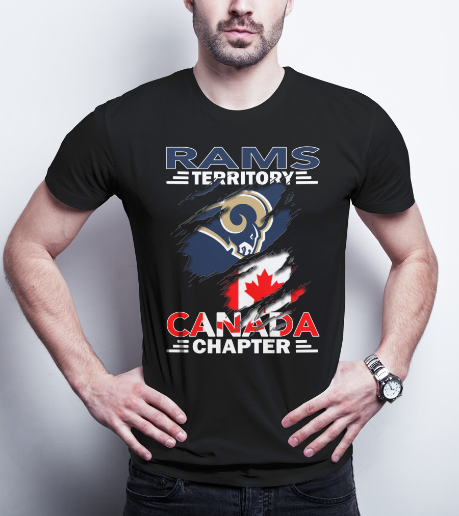 Rams Territory Canada Chapter Logo With Rams And Canadian Flag Elements T-Shirt