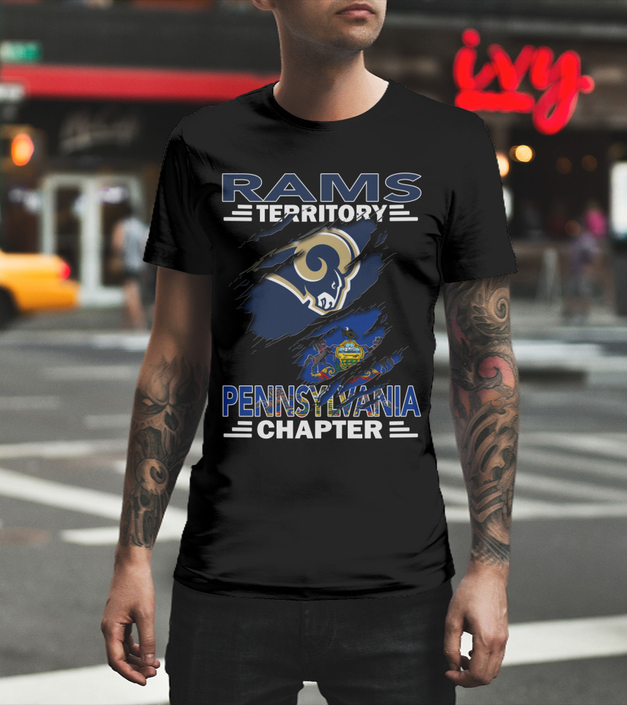 Rams Territory Pennsylvania Chapter With Blue And White Ram Logo And Pennsylvania State Flag Background T-Shirt