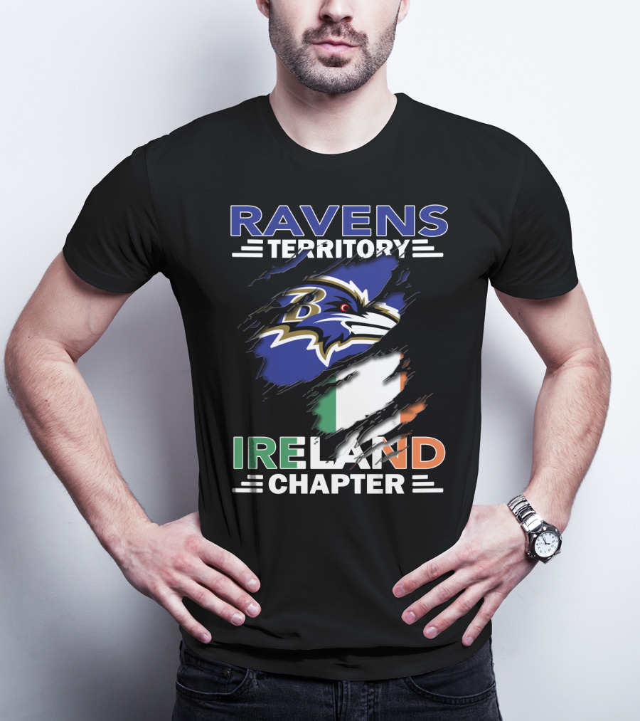 Ravens Territory Ireland Chapter Logo With Irish Flag And Team Emblem T-Shirt