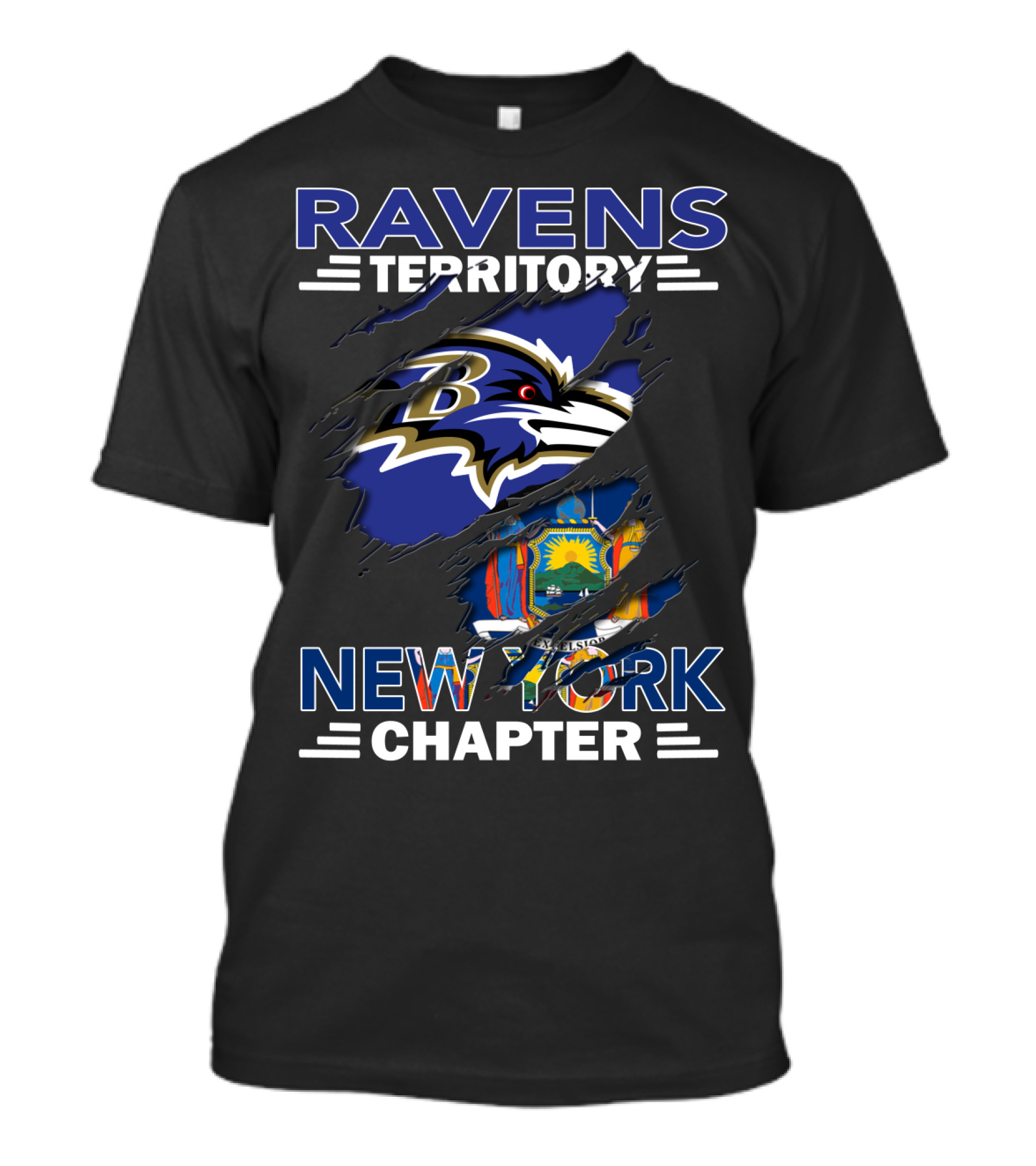 Ravens Territory New York Chapter With Baltimore Ravens Logo And New York State Flag T-Shirt