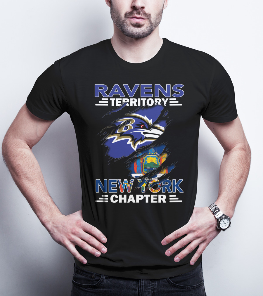 Ravens Territory New York Chapter With Baltimore Ravens Logo And New York State Flag T-Shirt