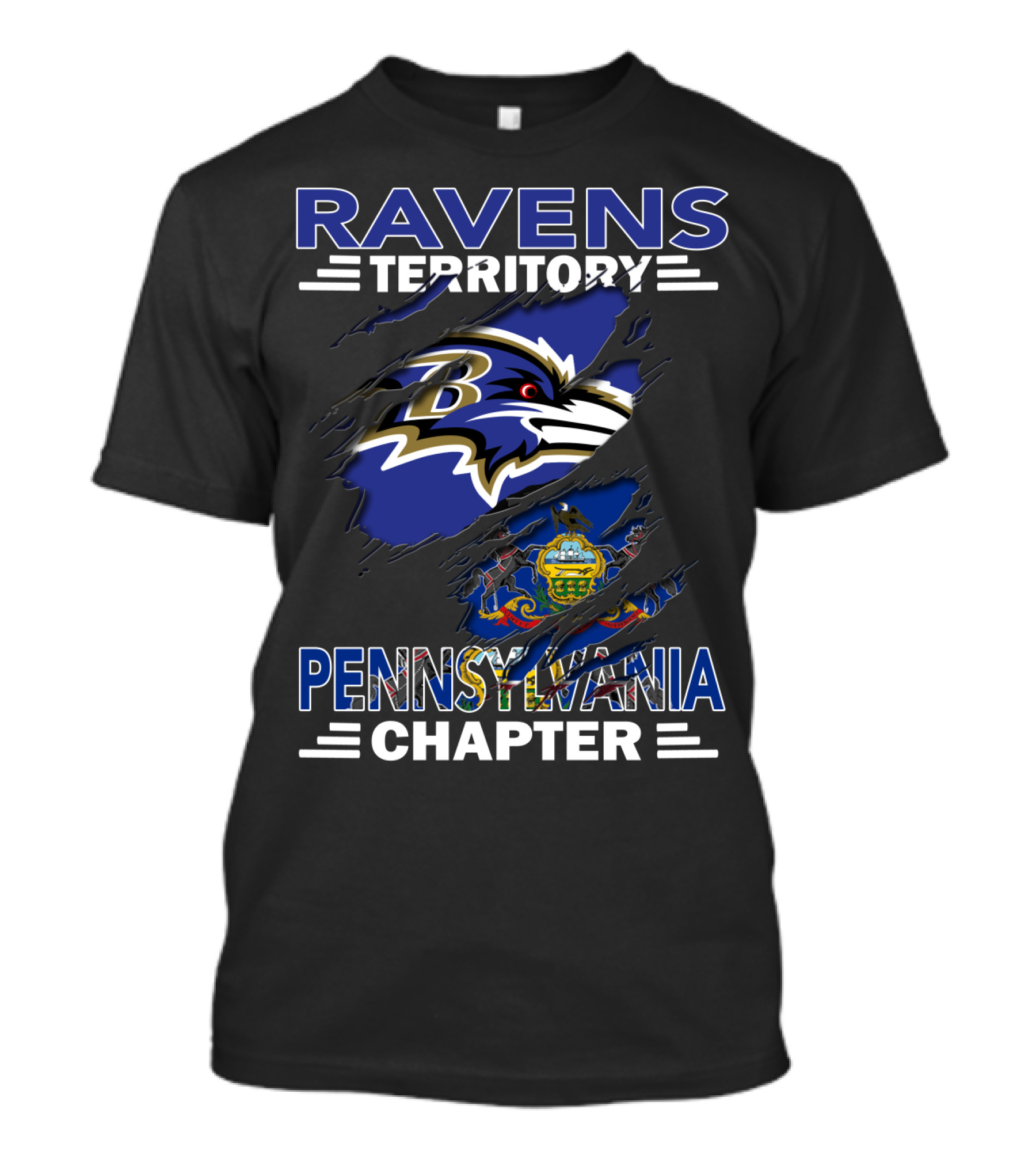 Ravens Territory Pennsylvania Chapter Baltimore Football Fan Club With Pennsylvania State Flag And Tattered Effect T-Shirt
