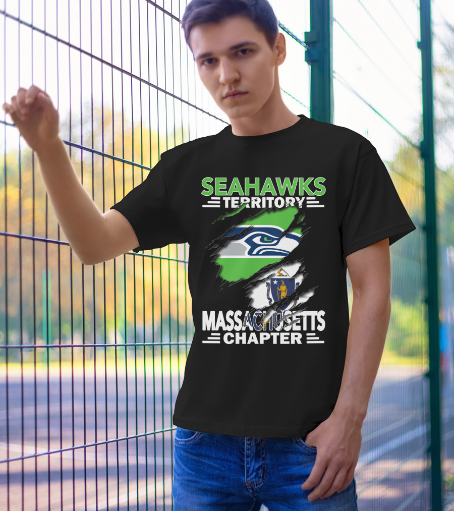 Seahawks Territory Massachusetts Chapter Fan Support With Logo And State Flag T-Shirt