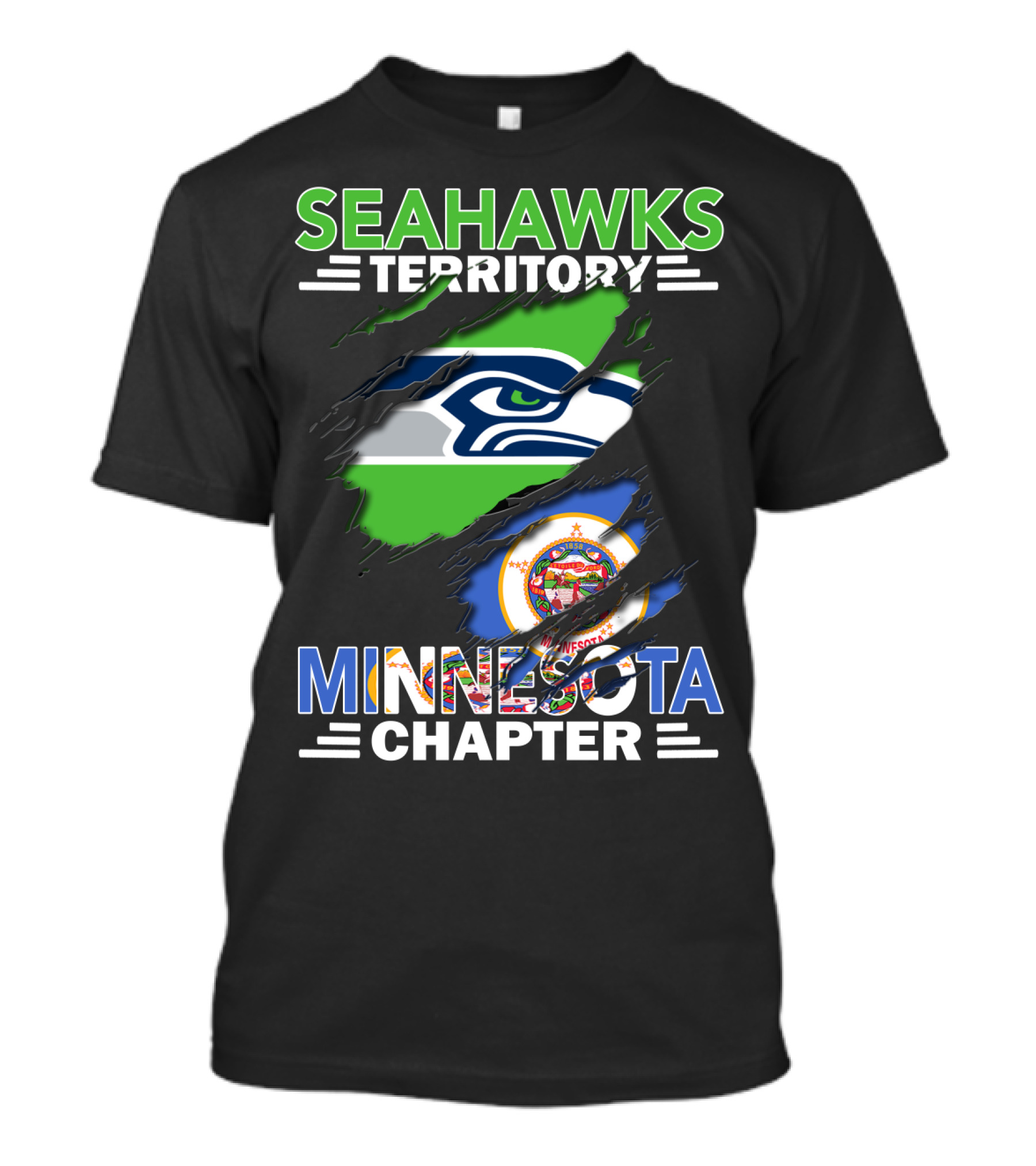 Seahawks Territory Minnesota Chapter Fan Emblem With Team Logo And State Flag T-Shirt