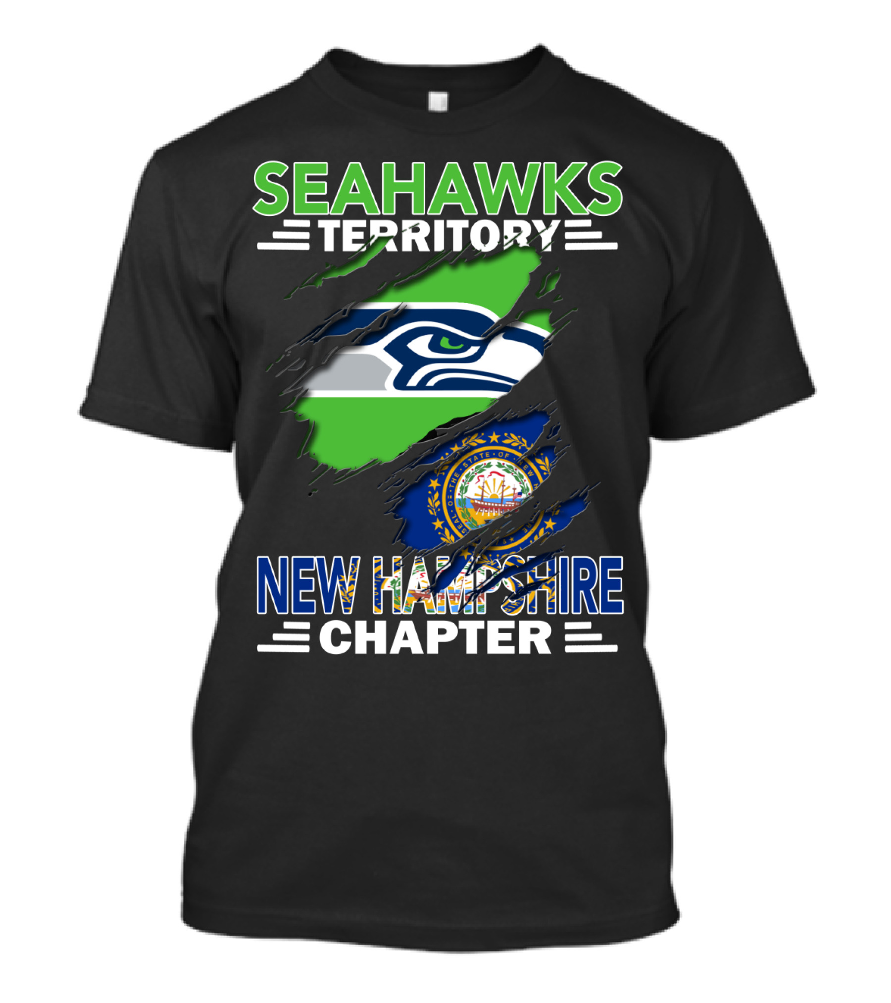 Seahawks Territory New Hampshire Chapter Logo With Seahawks And New Hampshire Flag Elements T-Shirt