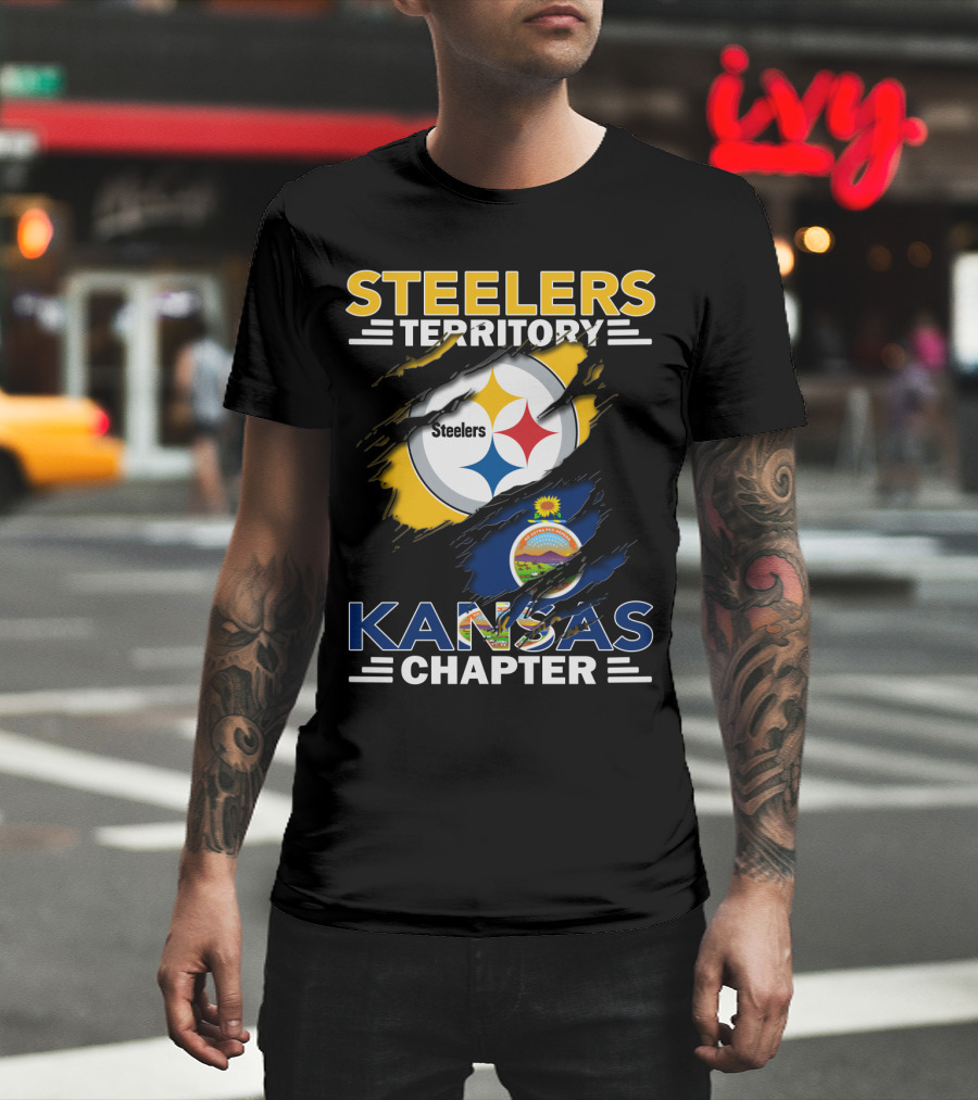 Steelers Territory Kansas Chapter Steelers Logo And Kansas Flag Ripped T-Shirt
