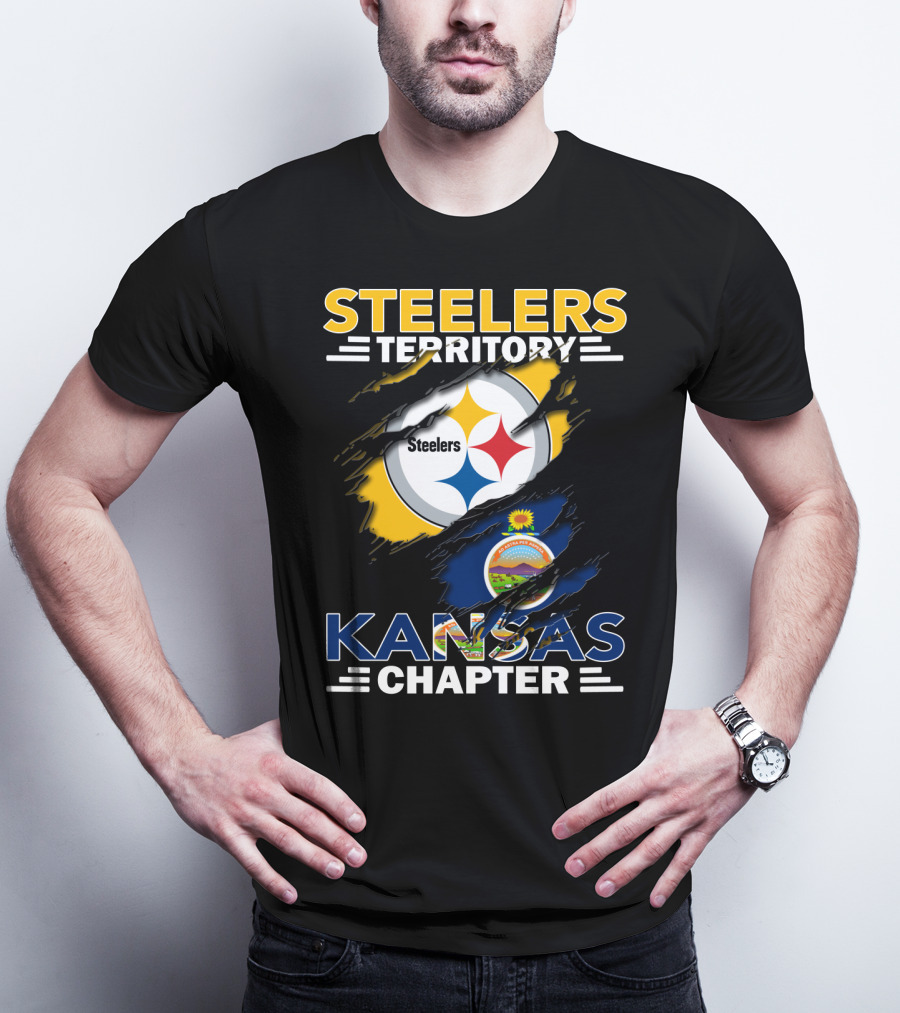 Steelers Territory Kansas Chapter Steelers Logo And Kansas Flag Ripped T-Shirt