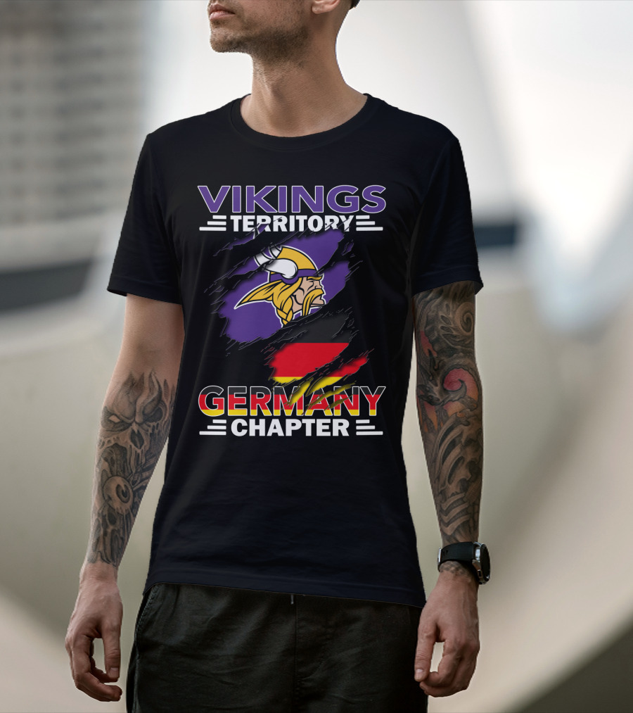 Vikings Territory Germany Chapter Purple And Gold Logo With German Flag Background T-Shirt