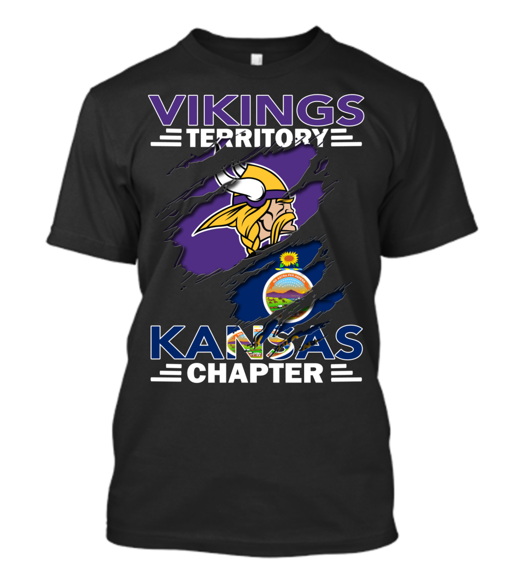 Vikings Territory Kansas Chapter Minnesota Helmet With Kansas State Flag Background T-Shirt