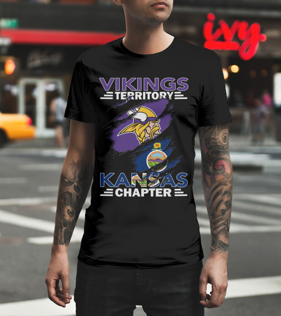 Vikings Territory Kansas Chapter Minnesota Helmet With Kansas State Flag Background T-Shirt