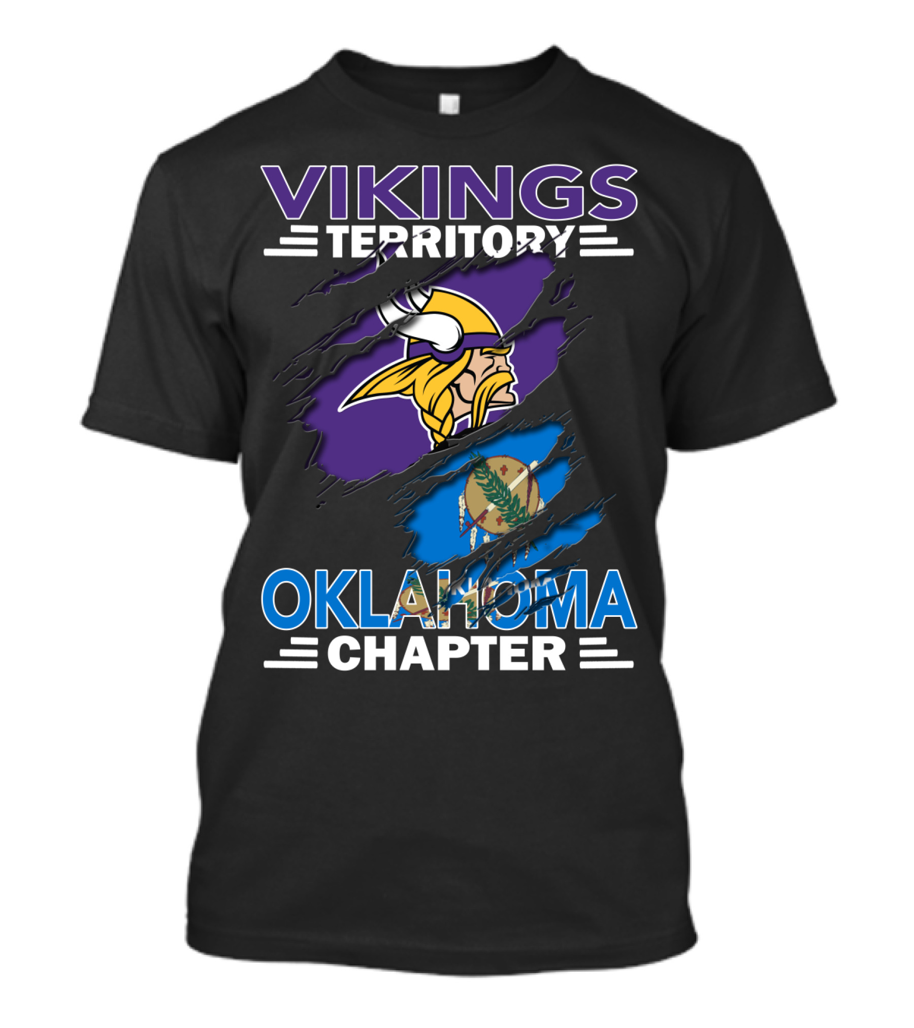 Vikings Territory Oklahoma Chapter With Minnesota Vikings Logo And Oklahoma State Flag T-Shirt