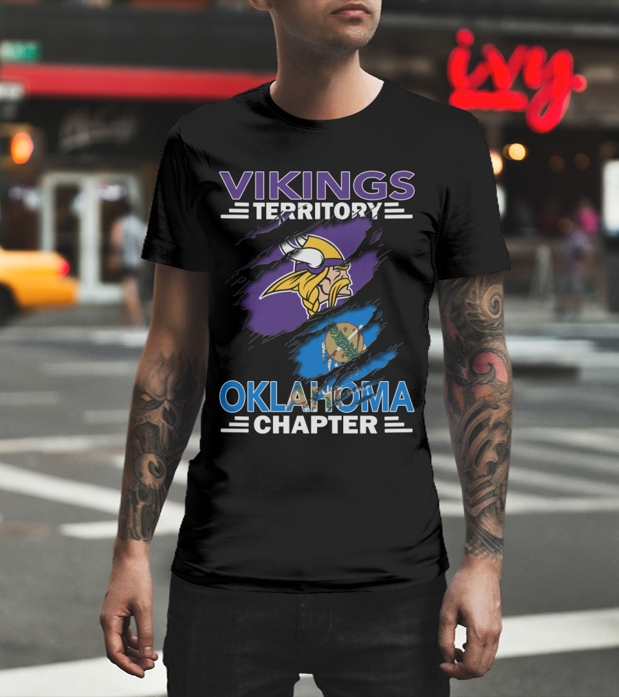Vikings Territory Oklahoma Chapter With Minnesota Vikings Logo And Oklahoma State Flag T-Shirt