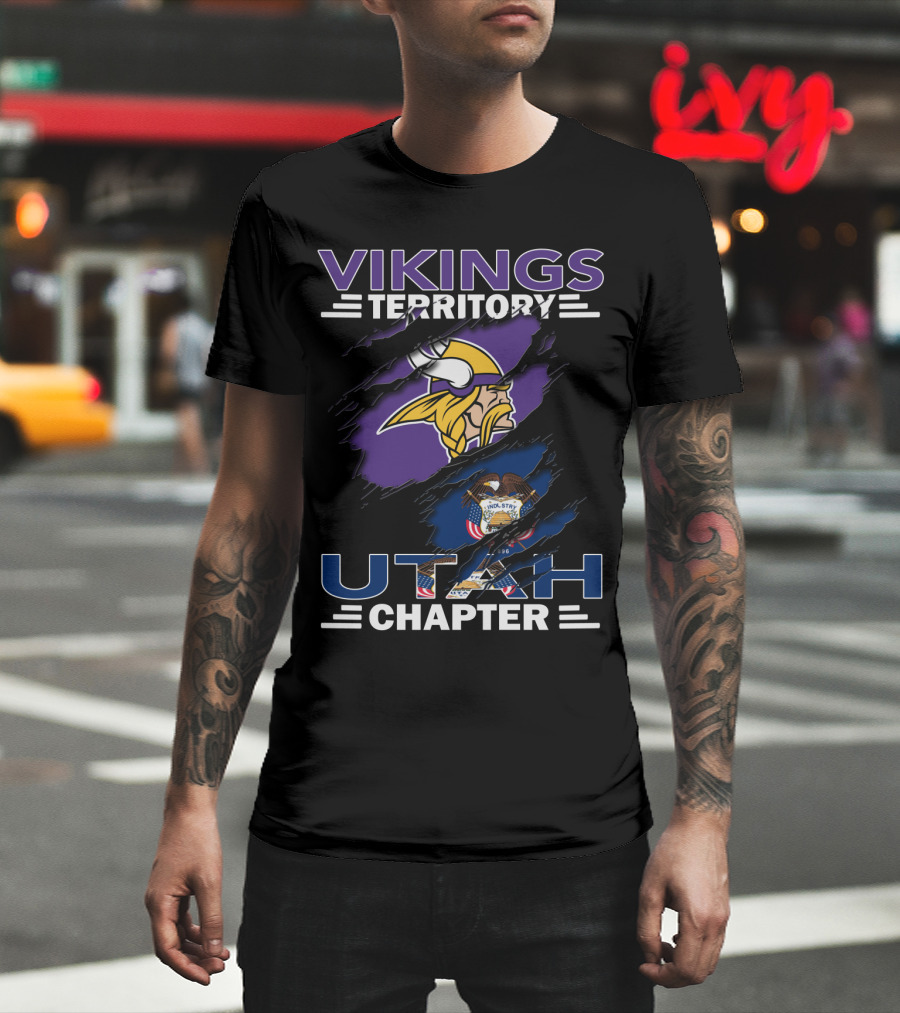 Vikings Territory Utah Chapter Emblem With Viking Helmet And Utah State Flag T-Shirt