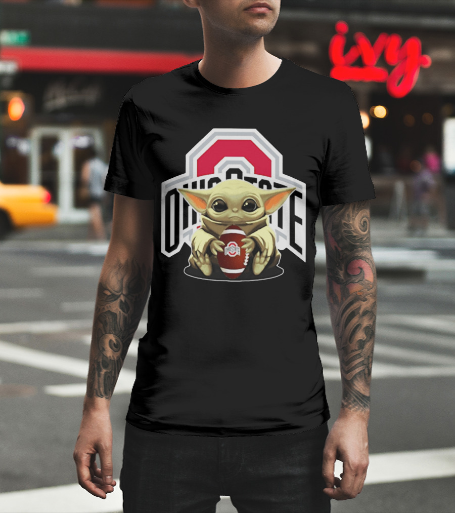 Baby Yoda Holding Ohio State Buckeyes Football T-Shirt