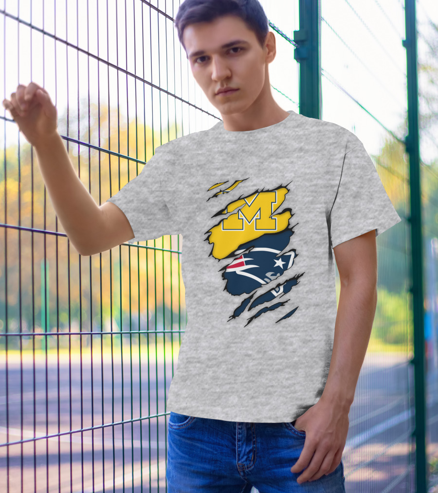 Michigan Wolverines New England Patriots Logo Mashup T-Shirt