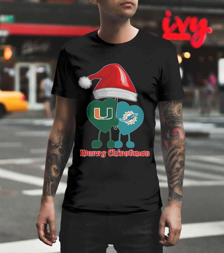 Merry Christmas Miami Dolphins Miami Hurricanes Santa Hat Hearts T-Shirt