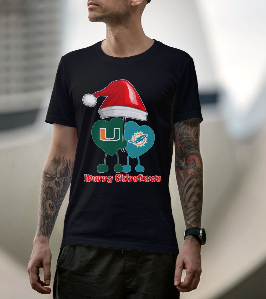 Merry Christmas Miami Dolphins Miami Hurricanes Santa Hat Hearts T-Shirt