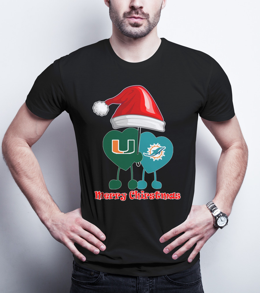 Merry Christmas Miami Dolphins Miami Hurricanes Santa Hat Hearts T-Shirt