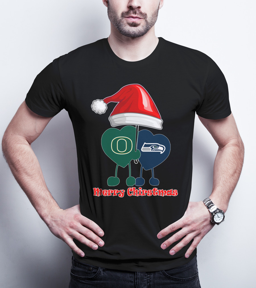 Merry Christmas Oregon Seattle Seahawks Holiday Hat Hearts T-Shirt