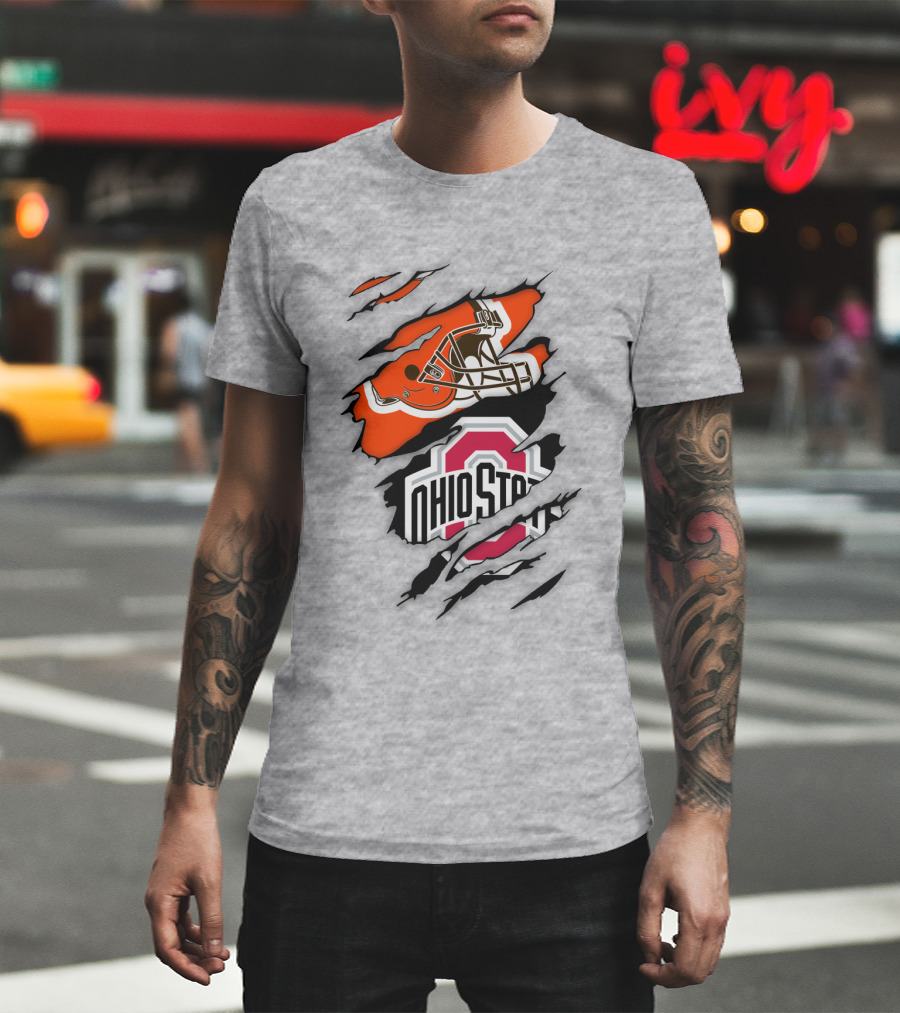 Cleveland Browns Helmet And Ohio State Buckeyes Logo Ripped T-Shirt