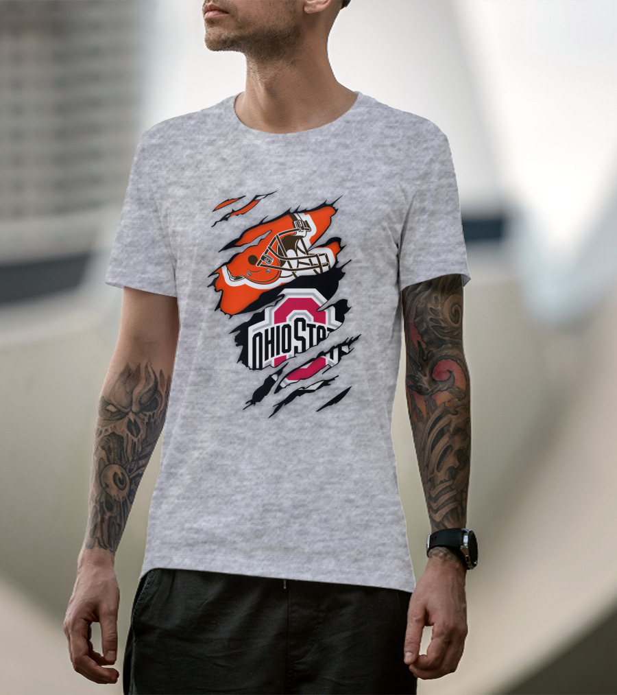 Cleveland Browns Helmet And Ohio State Buckeyes Logo Ripped T-Shirt
