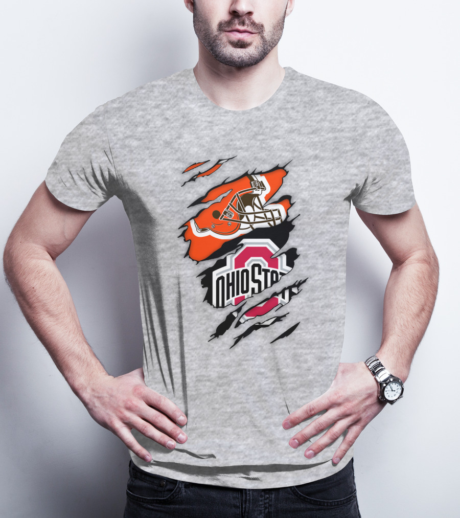 Cleveland Browns Helmet And Ohio State Buckeyes Logo Ripped T-Shirt