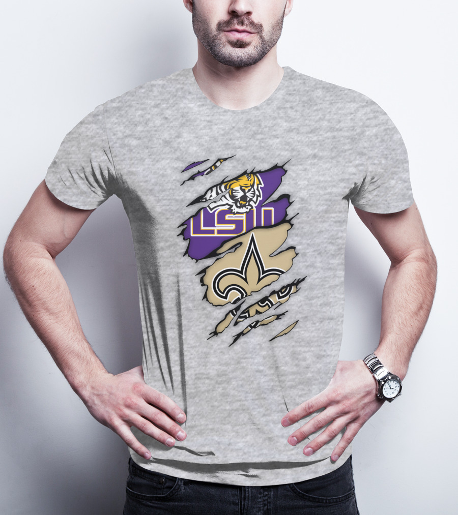 Lsu Tigers And New Orleans Saints Tearaway Tiger Fleur-De-Lis T-Shirt