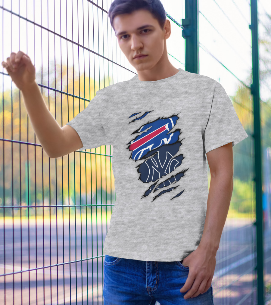 New York Yankees Buffalo Bills Torn Logo Mashup T-Shirt