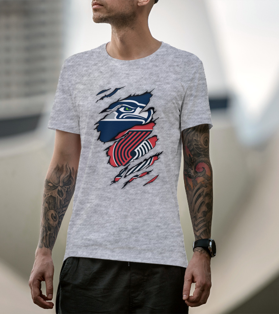 Portland Trail Blazers Seattle Seahawks Ripped Logo Fusion T-Shirt