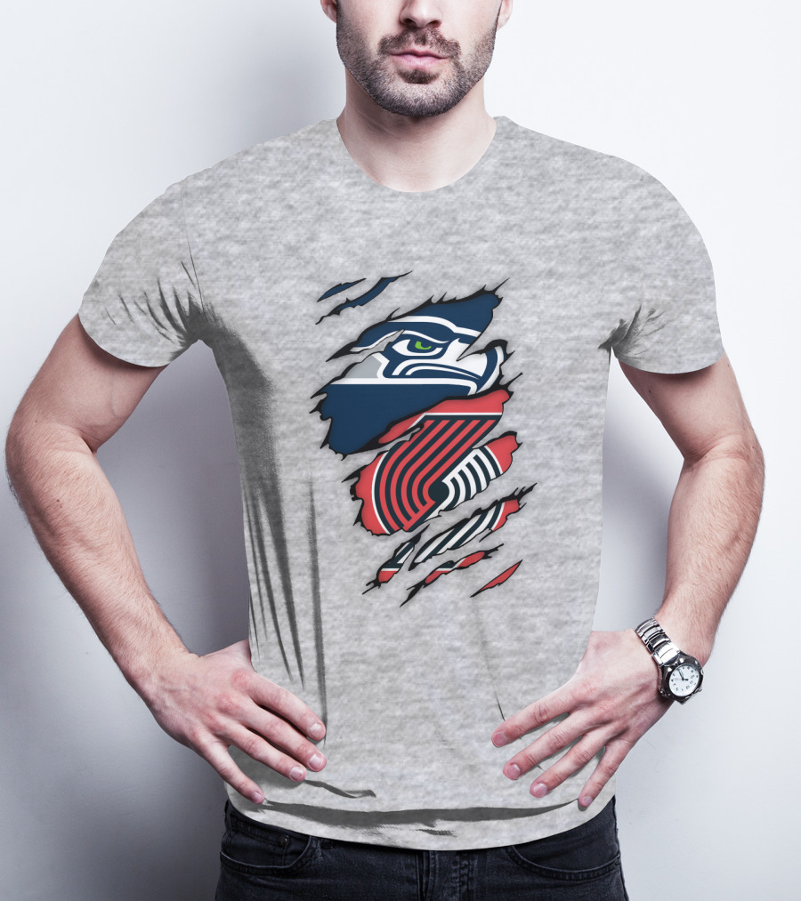 Portland Trail Blazers Seattle Seahawks Ripped Logo Fusion T-Shirt