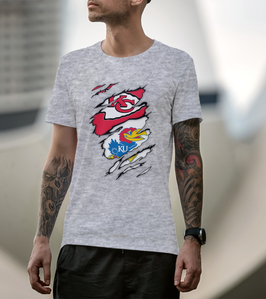 Kansas City Chiefs And Ku Jayhawks Logos Torn T-Shirt