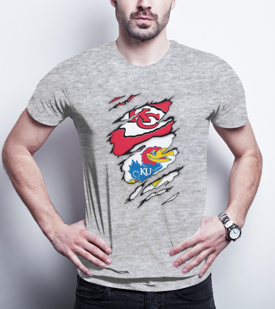 Kansas City Chiefs And Ku Jayhawks Logos Torn T-Shirt
