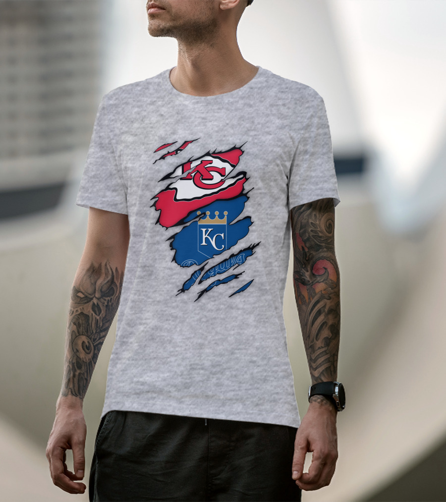 Kansas City Royals Kc And Kansas City Chiefs Arrowhead Red Blue Logo Fusion T-Shirt