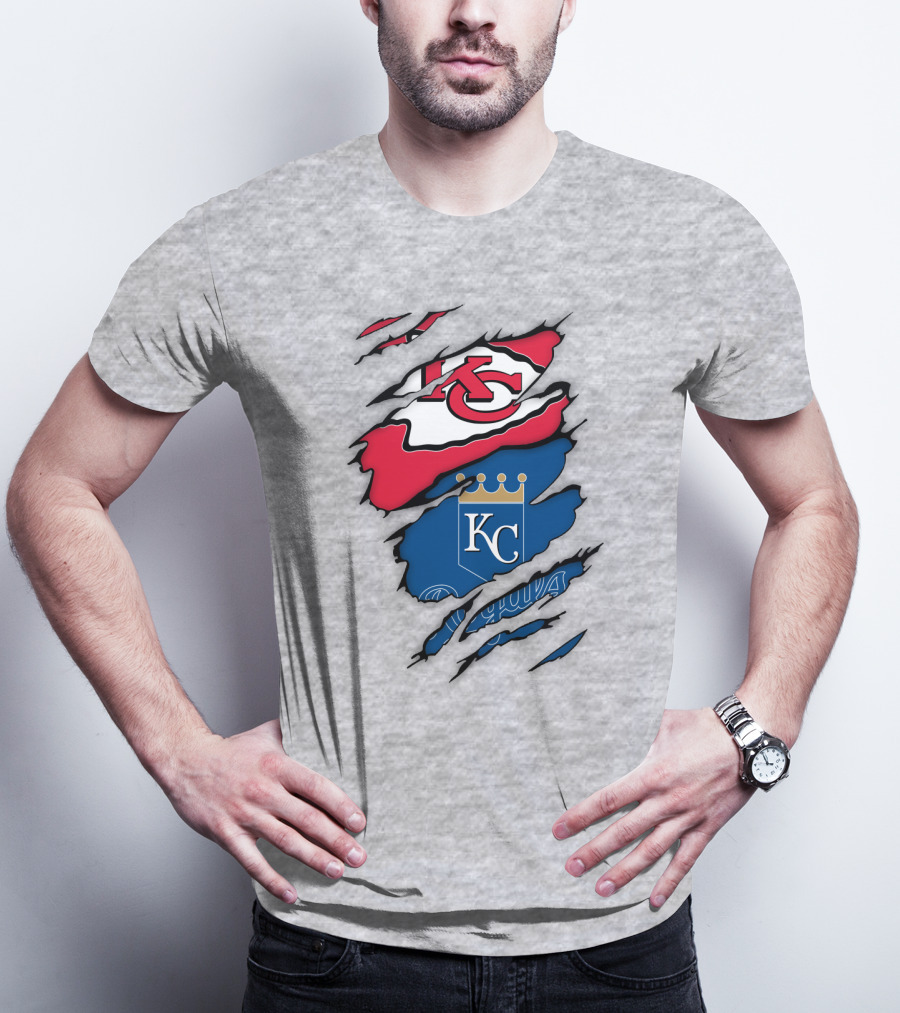 Kansas City Royals Kc And Kansas City Chiefs Arrowhead Red Blue Logo Fusion T-Shirt