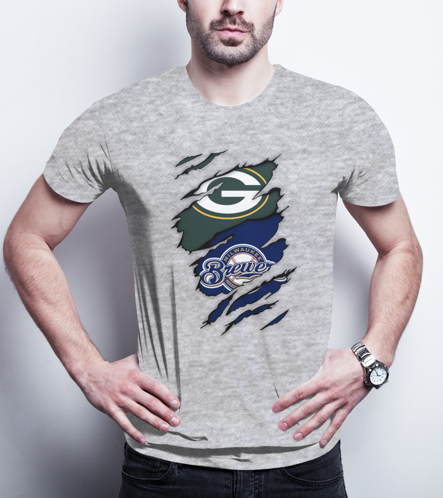 Milwaukee Brewers Green Bay Packers Logos Claw Marks T-Shirt