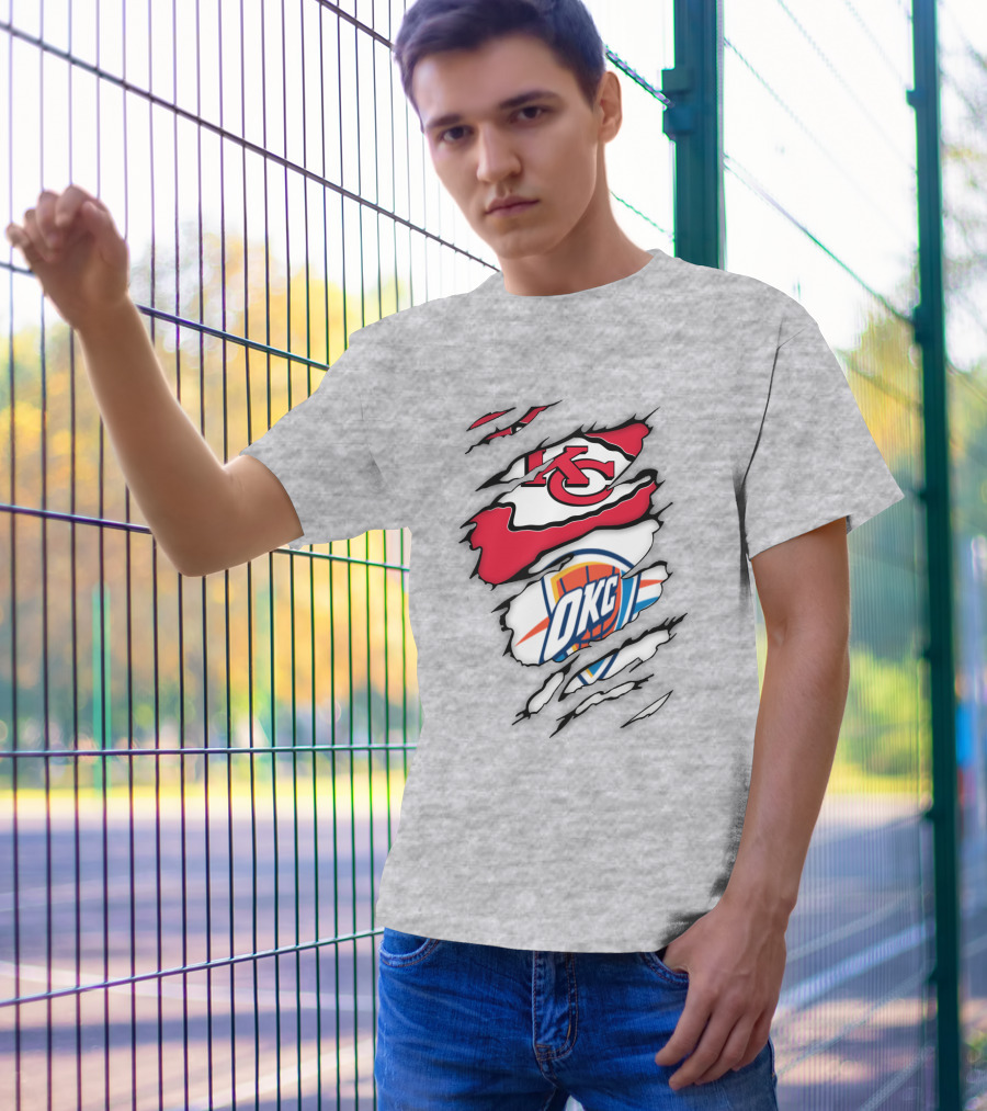 Kansas City Chiefs Okc Thunder Logos Overlapping Sports Crossover T-Shirt