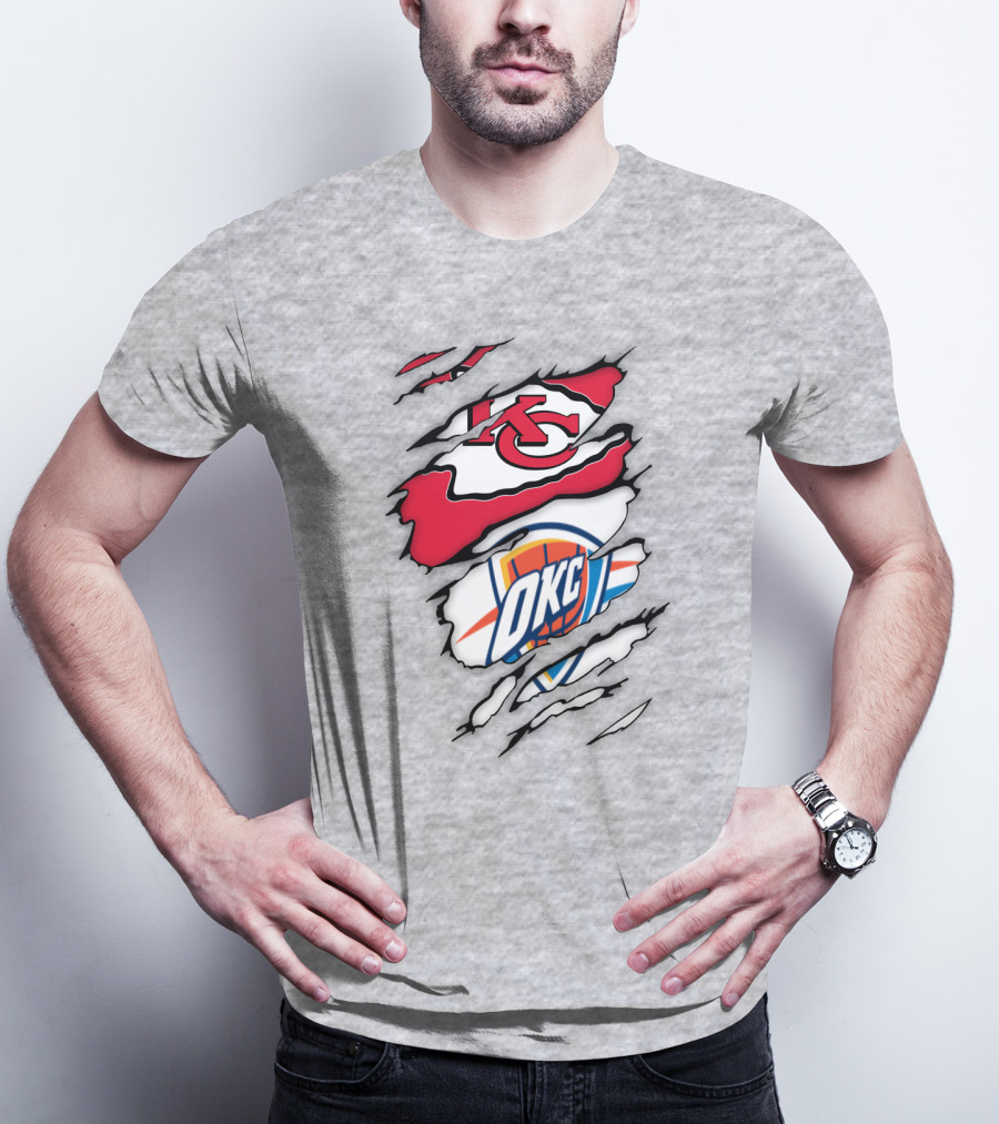 Kansas City Chiefs Okc Thunder Logos Overlapping Sports Crossover T-Shirt
