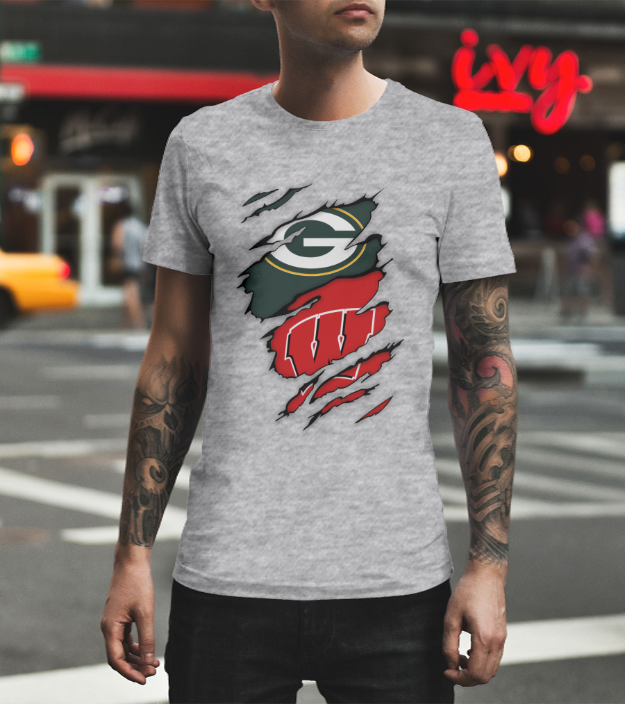 Wisconsin Badgers And Green Bay Packers Claw Marks Logo Mashup T-Shirt